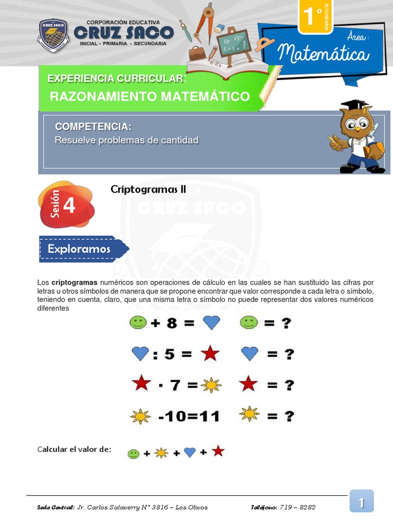 1ºaño Razonamiento Matemático s4 Criptogramas II | PDF | División (Matemáticas) | Matemática ...