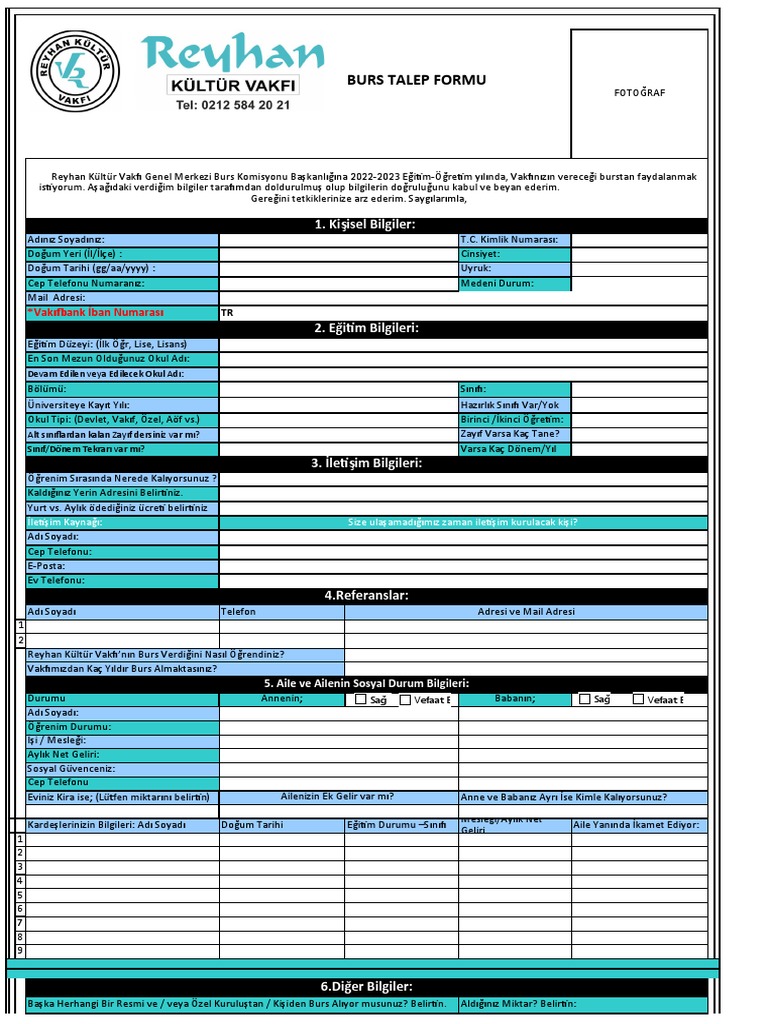 2022 2023 Burs Basvuru Formu Reyhan Kultur Vakfi | PDF