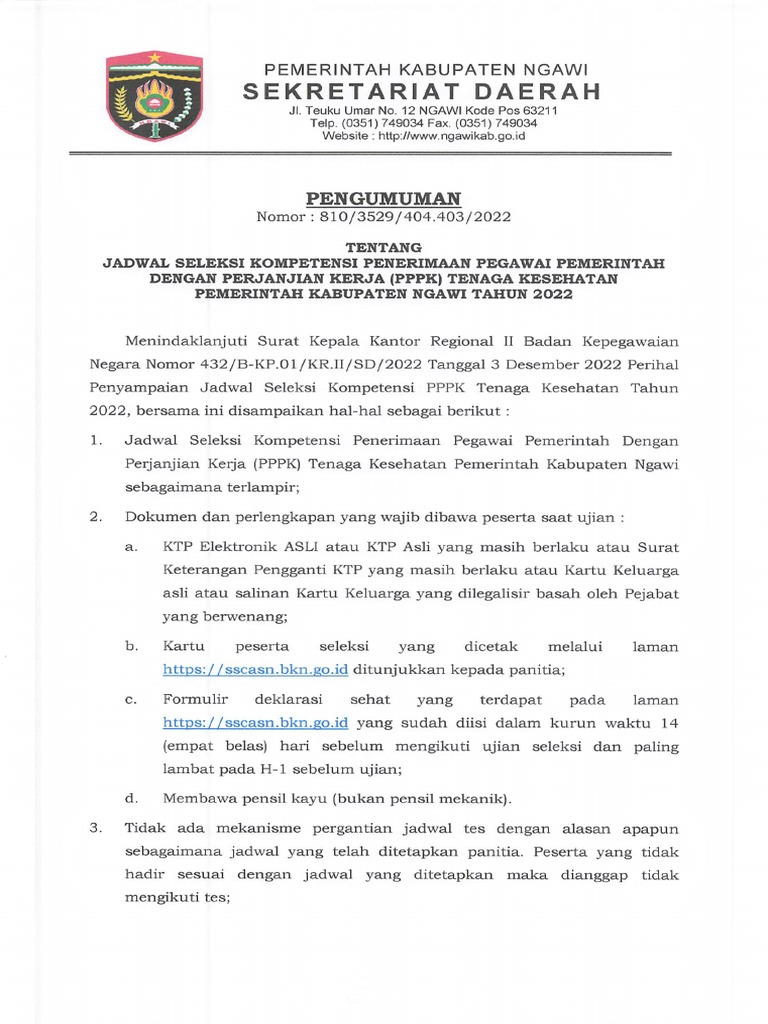 Pengumuman Jadwal Seleksi Kompetensi Penerimaan P3K 2022 | PDF