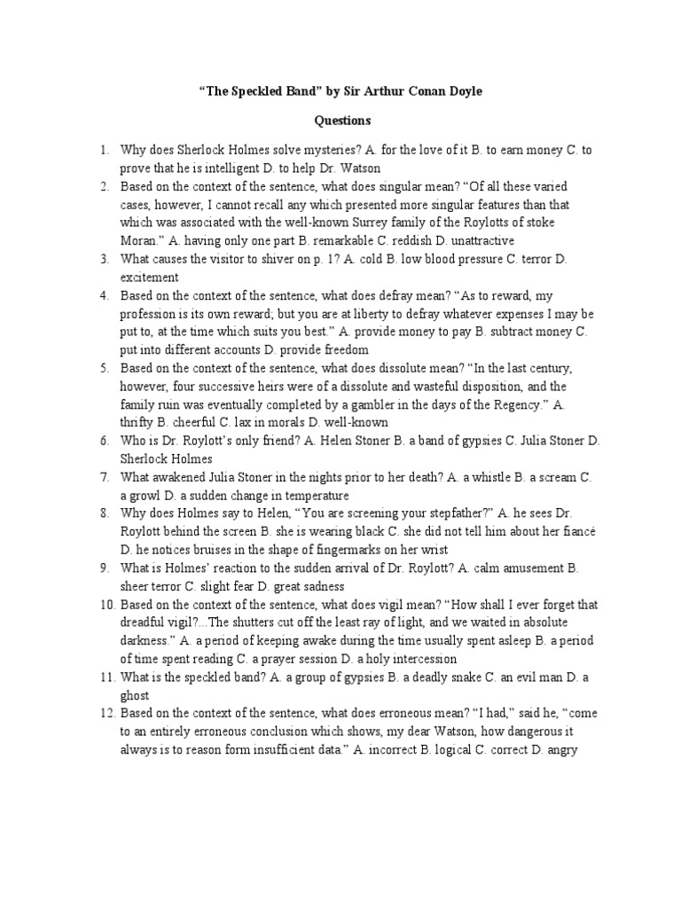 "The Speckled Band" by Sir Arthur Conan Doyle Questions | PDF | The ...