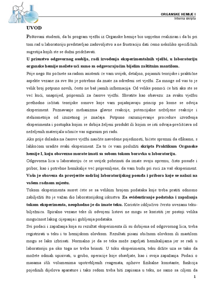 Organska Hemija I - Vježbe - Uvod | PDF