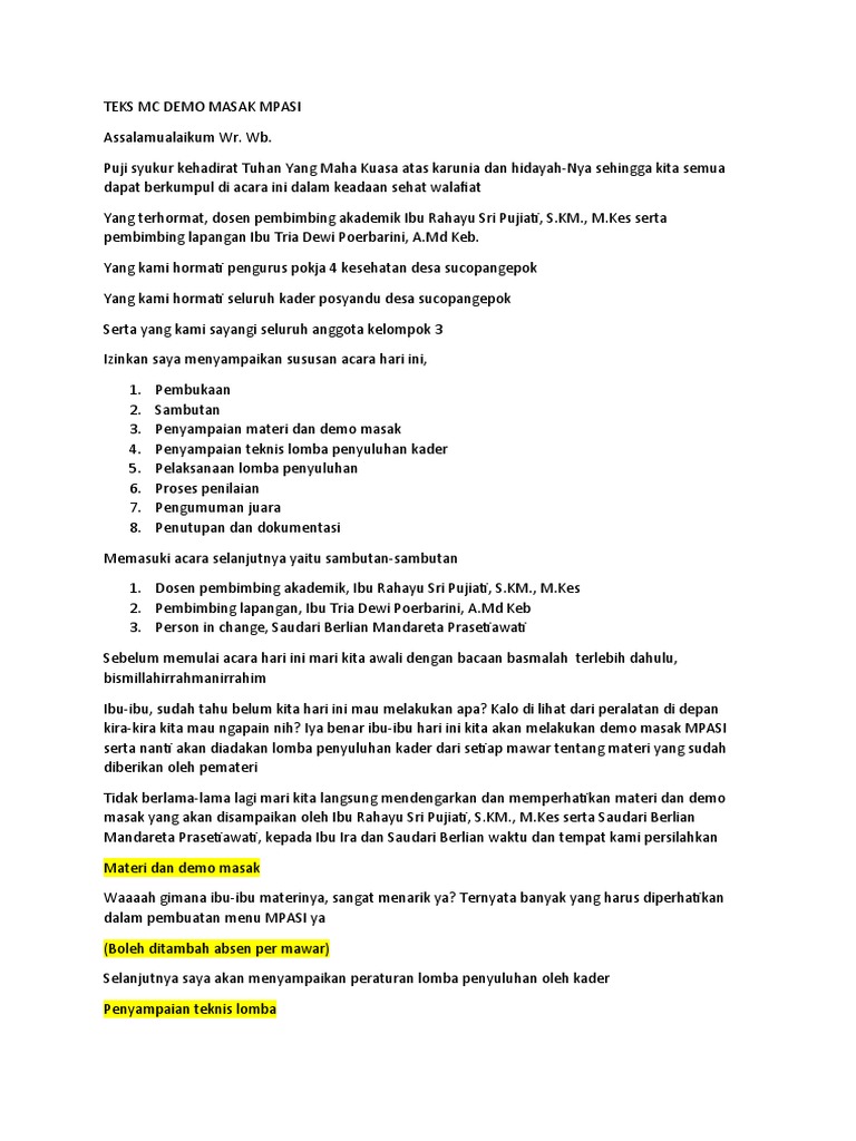 Teks MC Demo Masak Mpasi | PDF