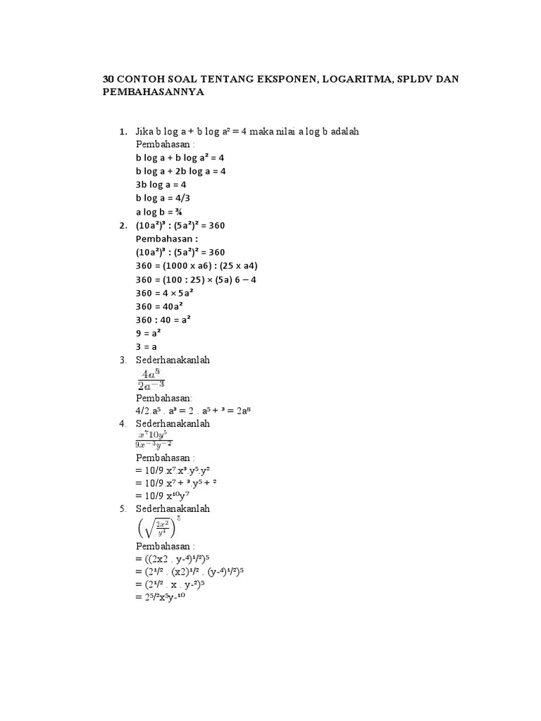 30 Contoh Soal Matematika Eksponen, Logaritma Dan SPLDV | PDF