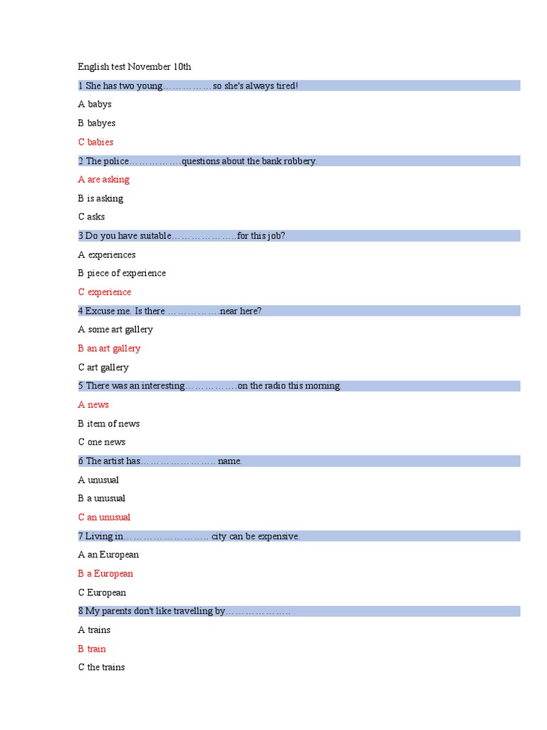 English Test Questions for November 10th | PDF