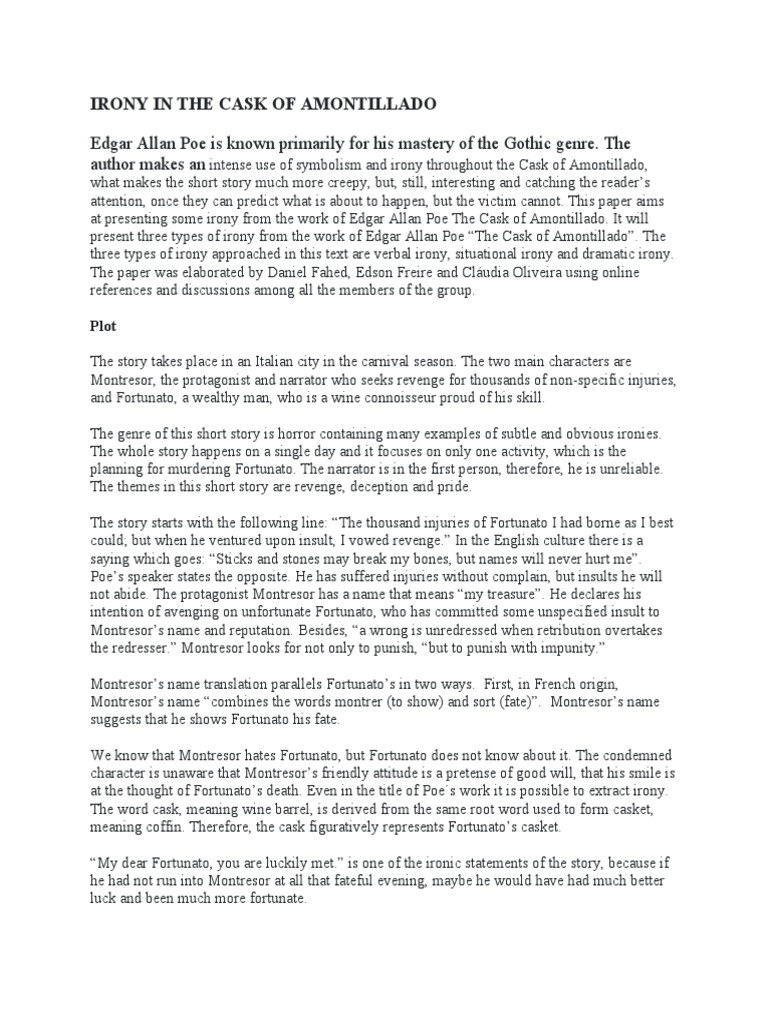 Irony in Poe's "Cask of Amontillado" | PDF