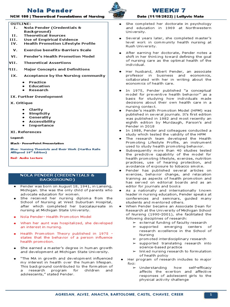 Nola Pender's Health Promotion Model | PDF | Behavior | Nursing