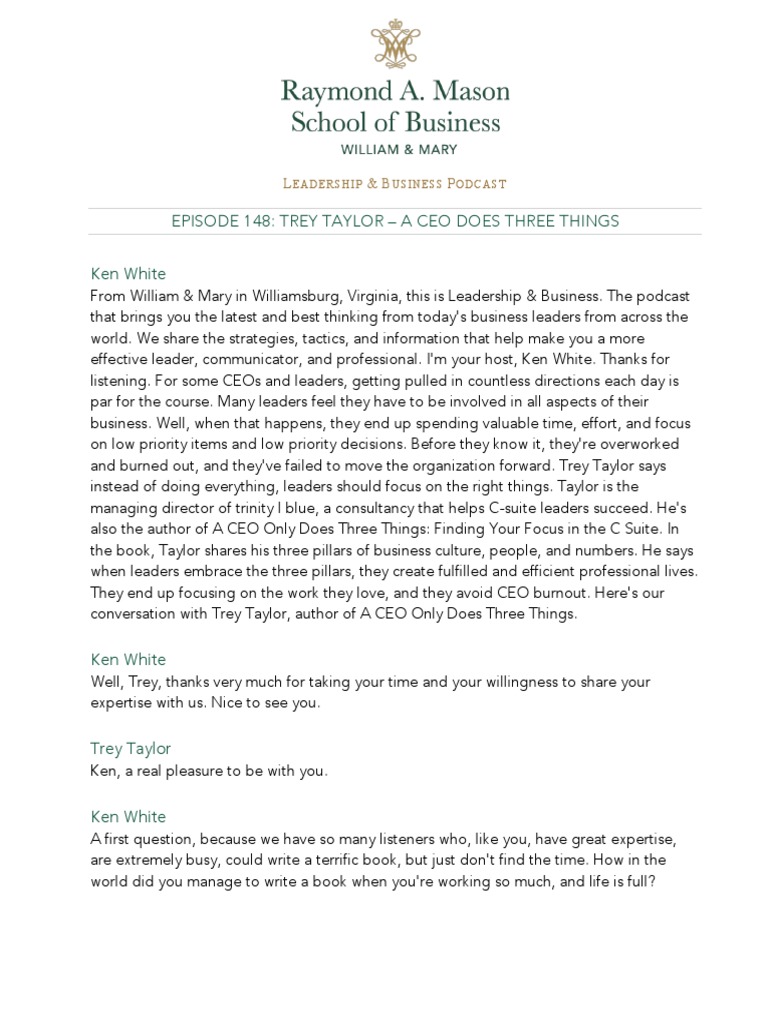 148 Trey Taylor A Ceo Does Three Things | PDF | Chief Financial Officer ...