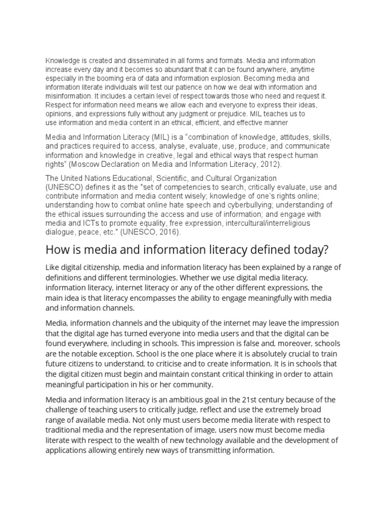 Media and Information Literacy | PDF | Media (Communication ...