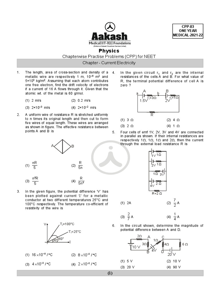 Aakash CPP - 3 | PDF | Series And Parallel Circuits | Voltage Aakash CPP - 3 | PDF | Series And Parallel Circuits | Voltage