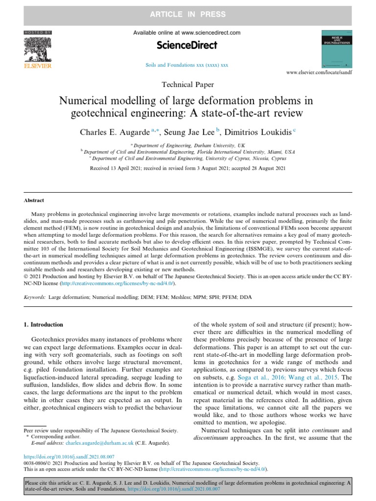 Augarde Et Al 2021 J Numerical Modelling Of Large Deformation Problems In Geotechnical