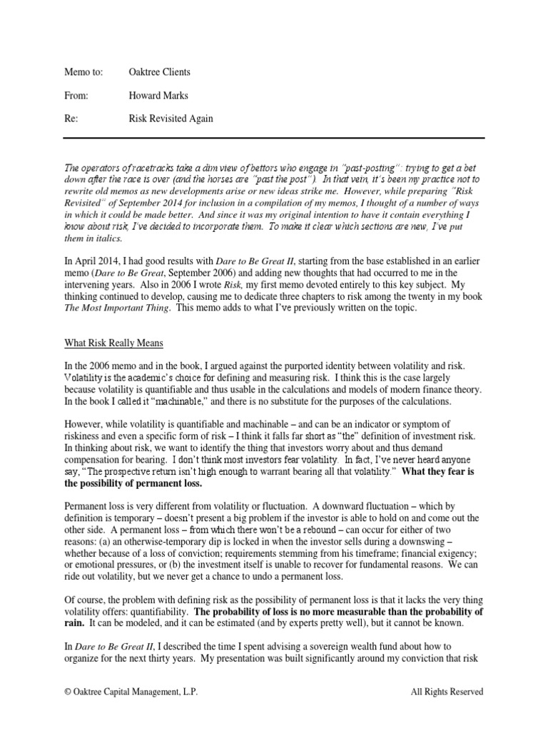 2015-06-08-Risk-Revisited-Again - Howard Marks Memo | PDF | Leverage ...