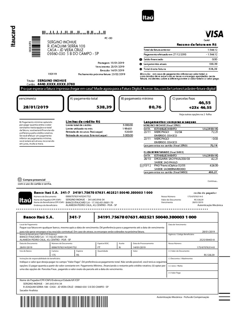Fatura Itaucard Visa Gold Final-3760 2019 01 | PDF | Passivo (contabilidade financeira) | Brasil
