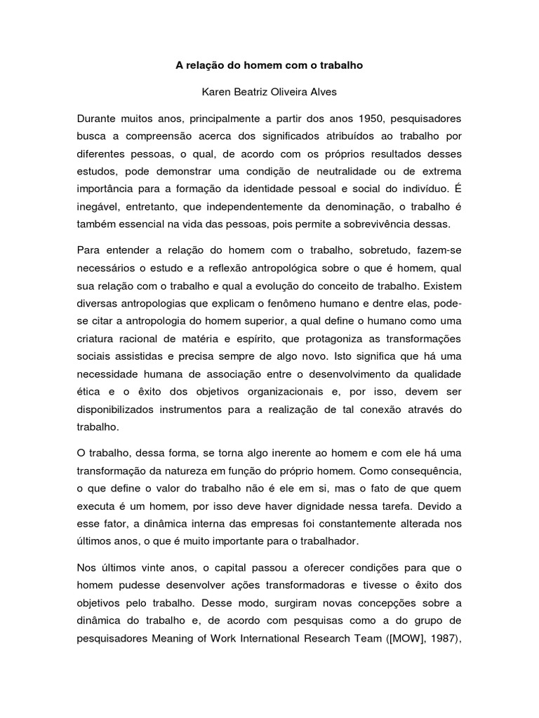 A Relação Do Homem Com o Trabalho | PDF | Antropologia | Humano