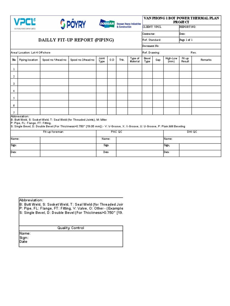 Piping Daily Fit Up Quality Control and Inspection Report Form | PDF ...