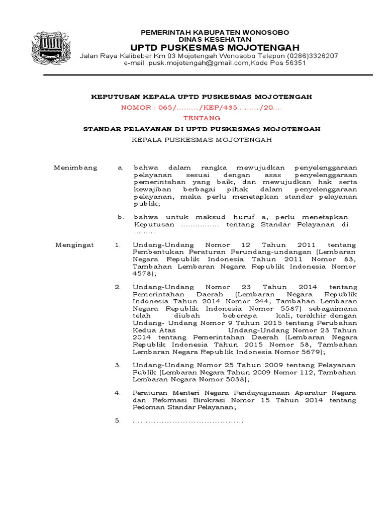 Standar Pelayanan Puskesmas Mojotengah | PDF