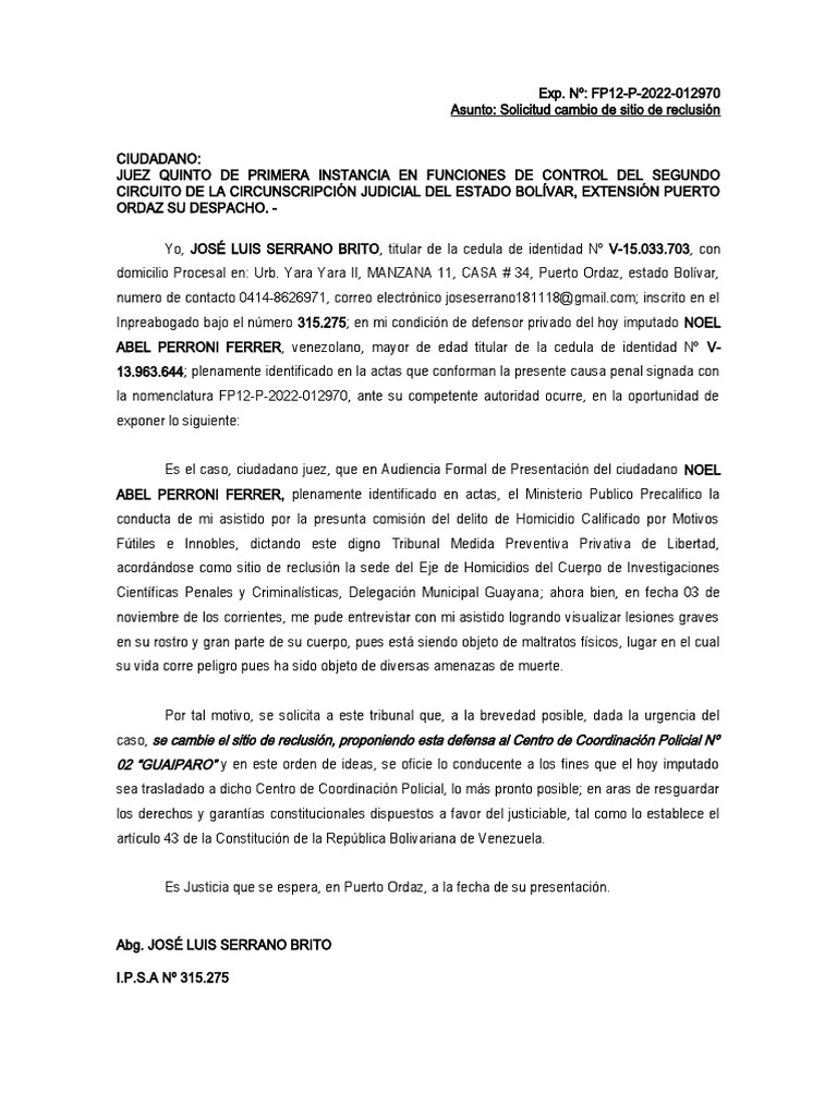 Solicitud Cambio de Sitio de Reclusion | PDF | Ley Pública | Gobierno