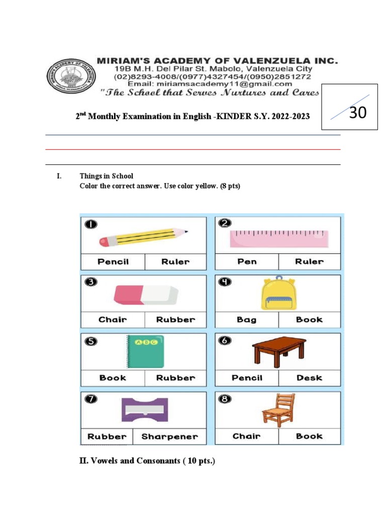 2nd Monthly Exam For Kinder ENGLISH | PDF