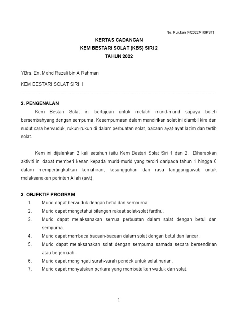 Kertas Kerja Kem Bestari Solat 2022 | PDF