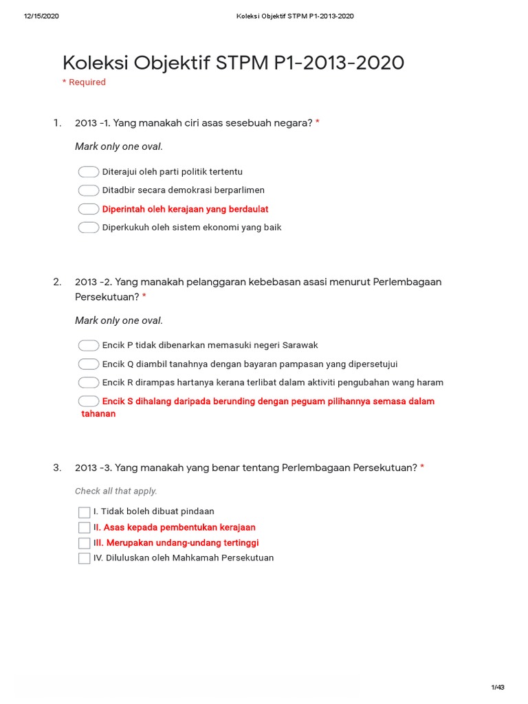 Koleksi Objektif STPM P1-2013-2020 - Google Forms - Jawapan | PDF