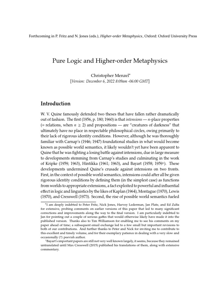 Menzel - Pure Logic and Higher-Order Metaphysics | PDF | Logic | First ...