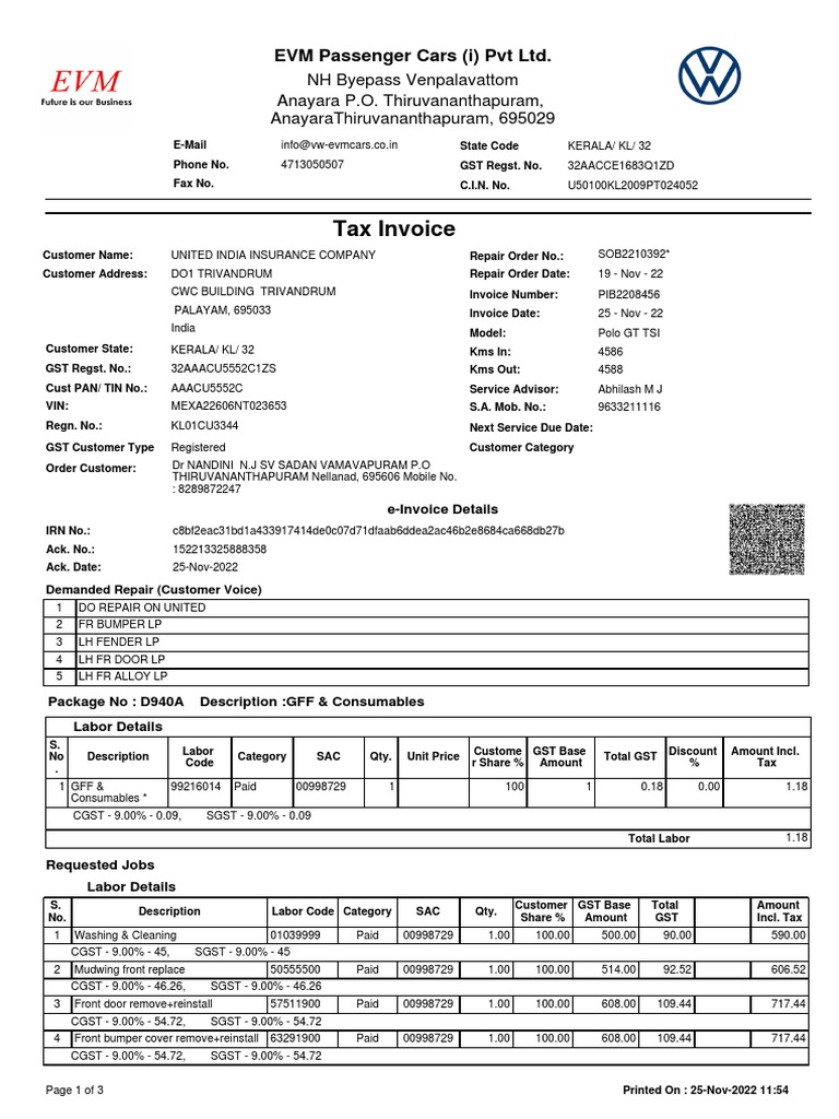 Tax Invoice: EVM Passenger Cars (I) PVT LTD | PDF | Taxes | Automotive ...
