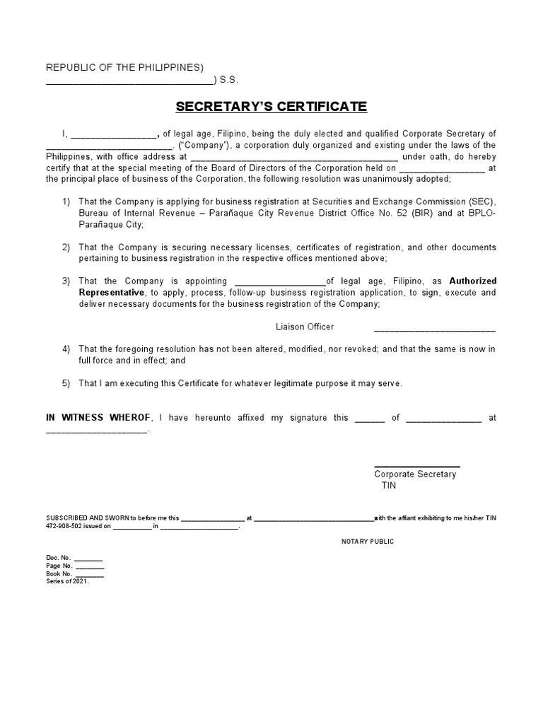 Secretary's Certificate | PDF | Notary Public | Common Law