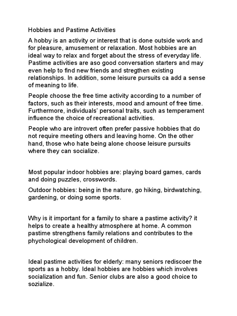 Hobbies and Pastime Activities | PDF | Hobbies | Leisure