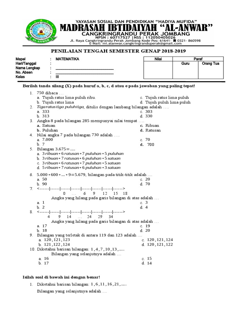 Soal MTK 3 Uts | PDF