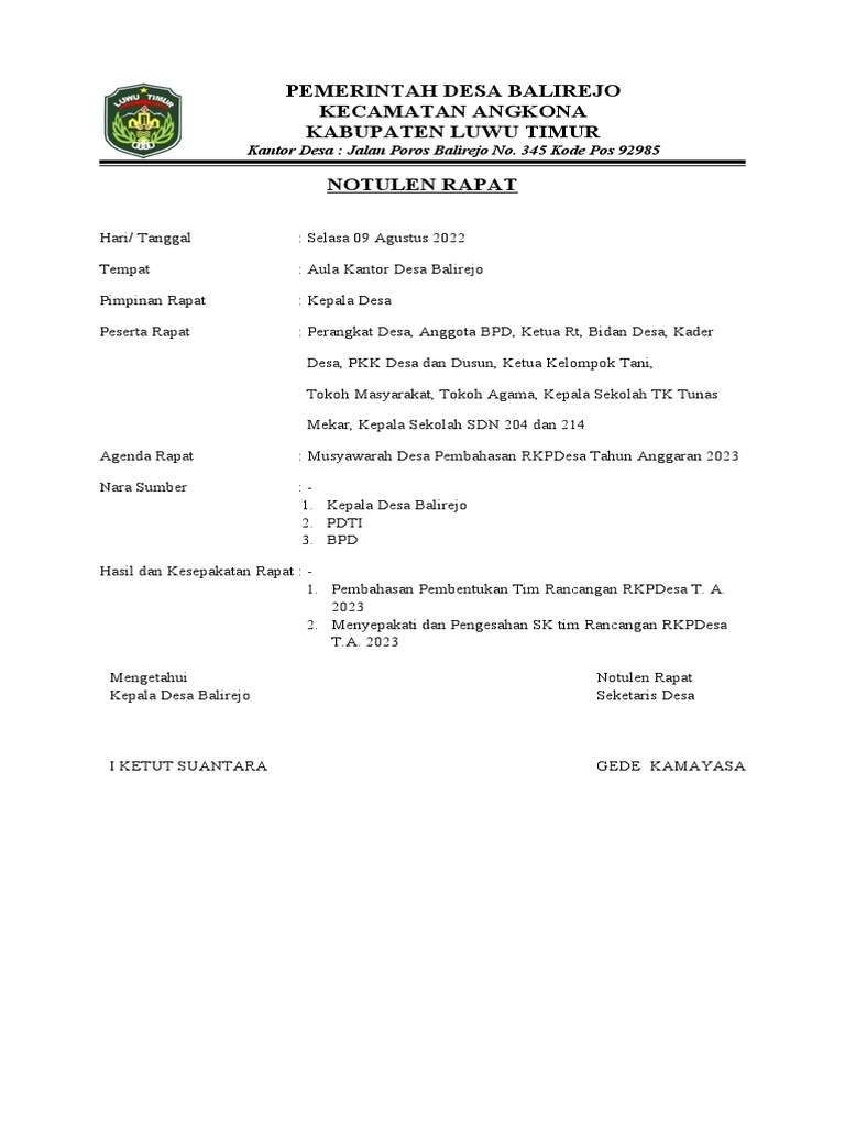 Notulen Rapat Pembahasan RKP 2022 | PDF