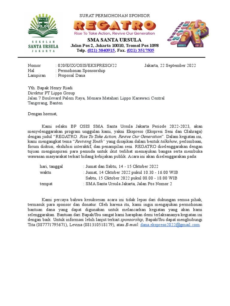 PT Lippo Group - Surat Permohonan Sponsor Regatro | PDF