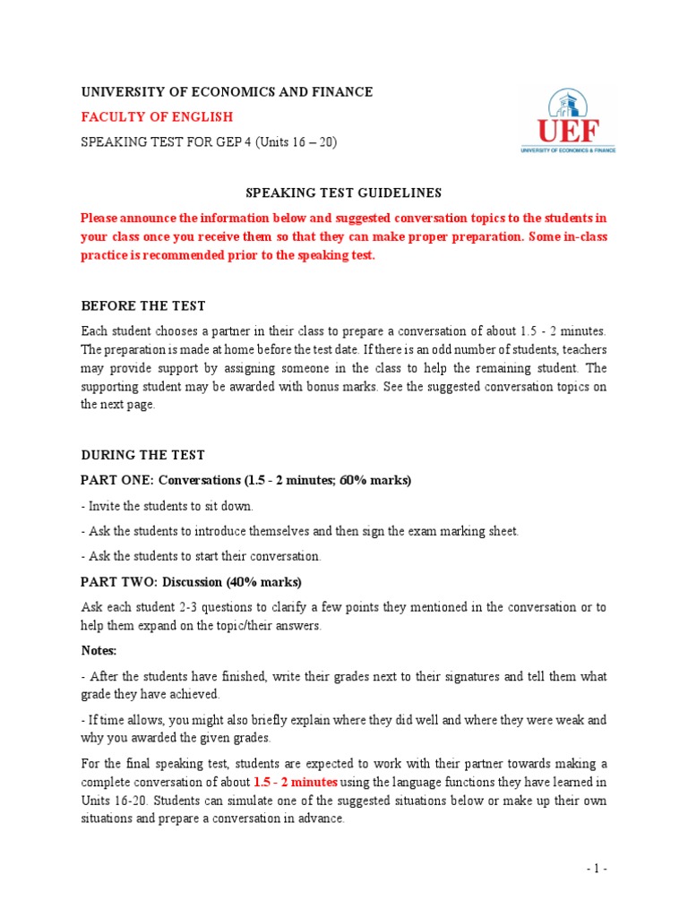 GEP 4 Speaking Test Guidelines | PDF | Test (Assessment) | Human ...