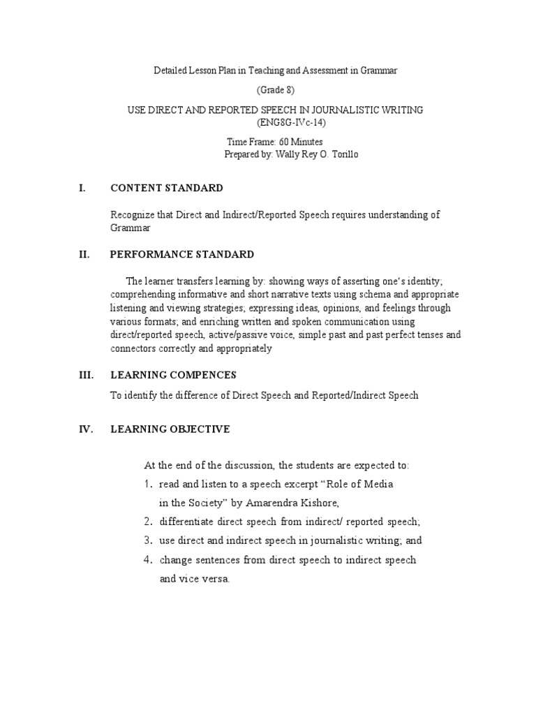 Grade 8 Lesson Plan: Direct & Indirect Speech | PDF | Lesson Plan | Thought
