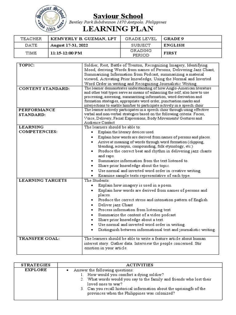 LP Format EFDT English 9 | PDF | Poetry | Learning