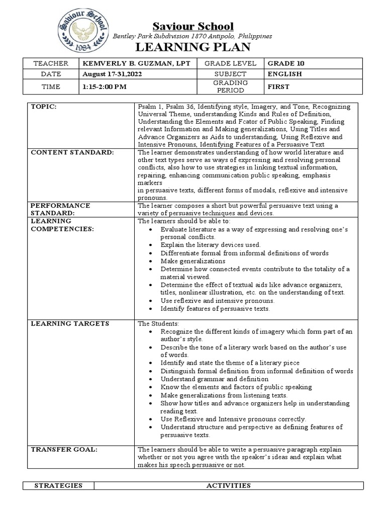 LP Format EFDT English 10 | PDF | Public Speaking | Learning