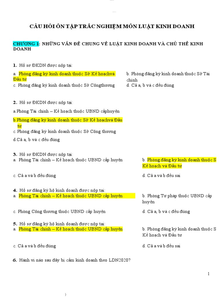 Dap An Bo Trac Nghiem Luat Kinh Doanh 1 | PDF