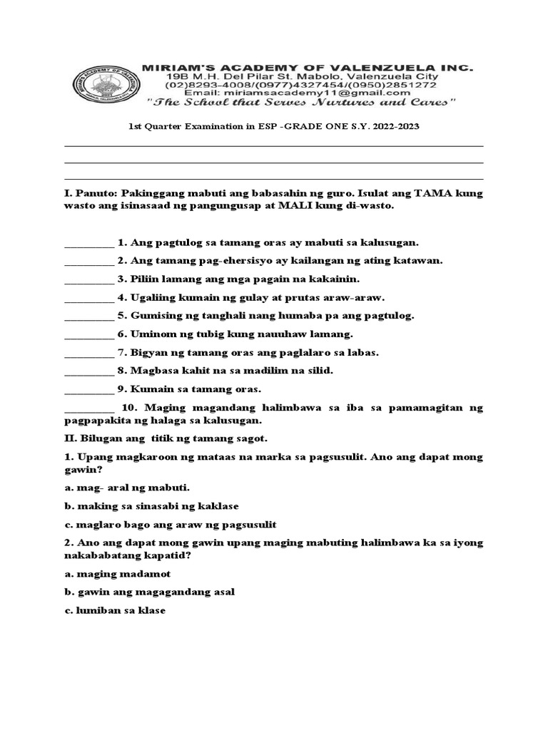 1st Quarter Examination in ESP | PDF