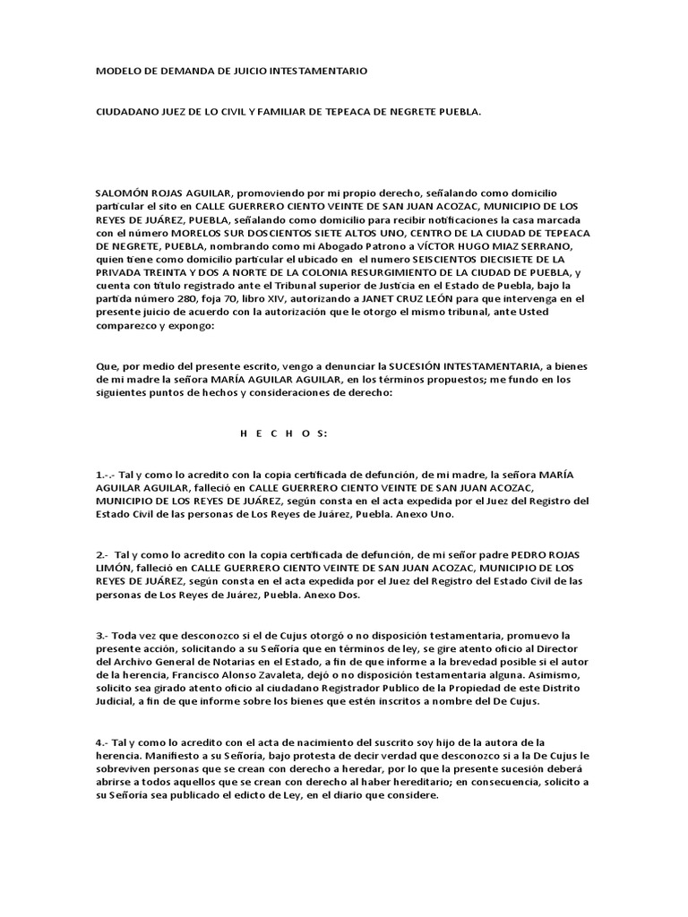 Modelo de Demanda de Juicio Intestamentario | PDF | Herencia | Justicia