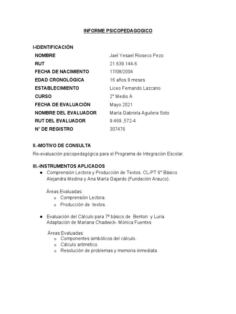 Informe Psicopedagogico Prueba CLPT y Benton Jael | PDF | Aprendizaje | Ciencia cognitiva