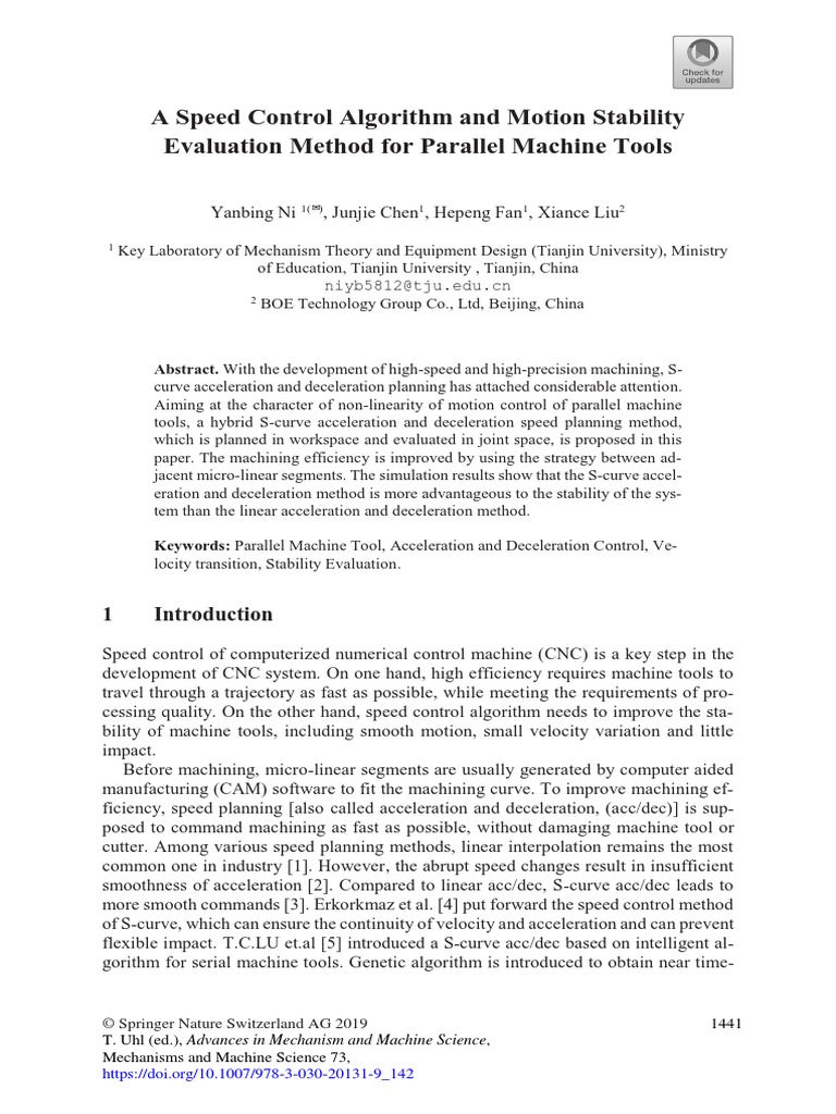 A Speed Control Algorithm and Motion Stability Evaluation Method For Parallel Machine Tools ...