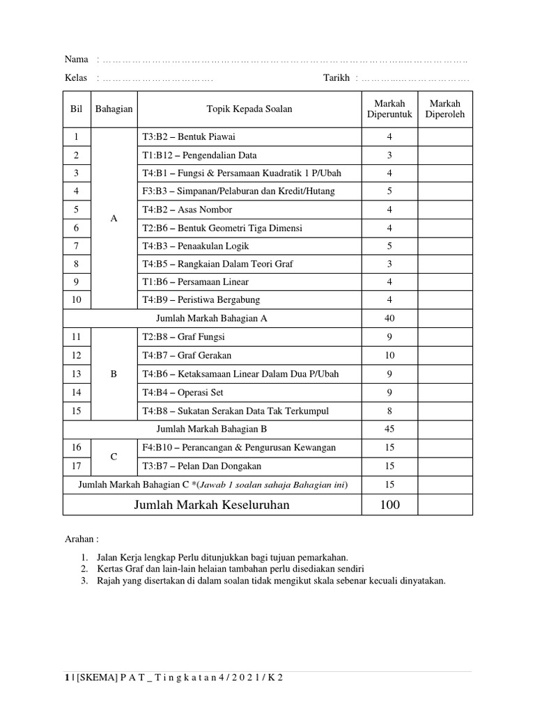 SKEMA PAT T4 2021 - Kusel | PDF