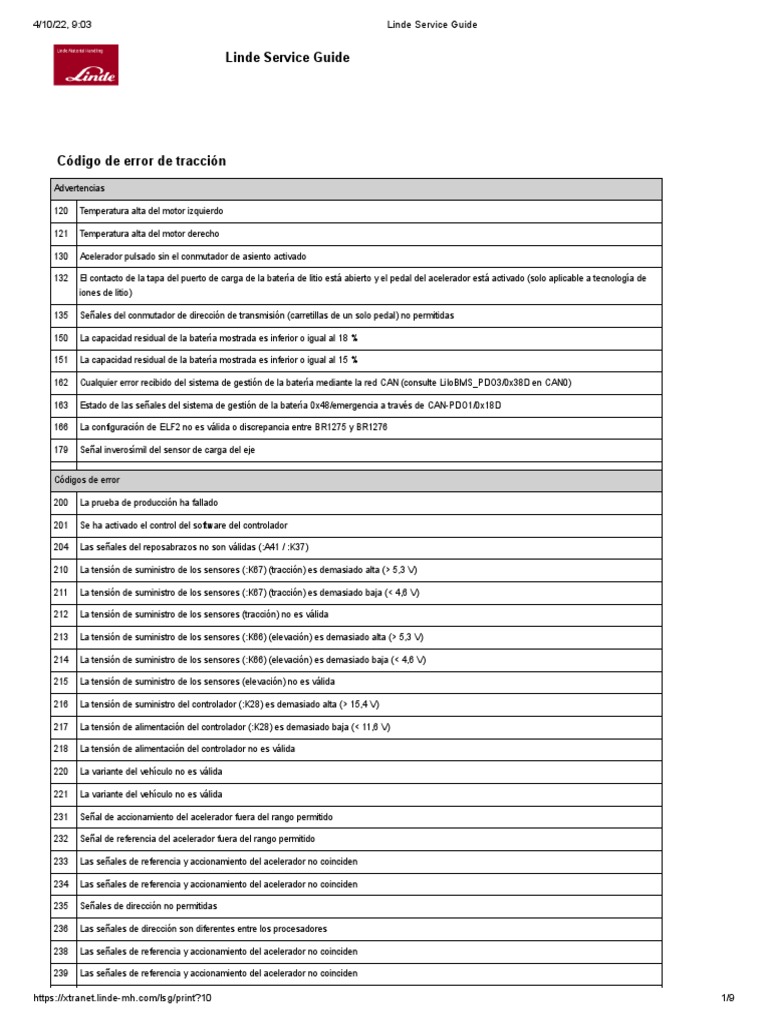 Guía de códigos de error de Linde para carretillas elevadoras | PDF ...