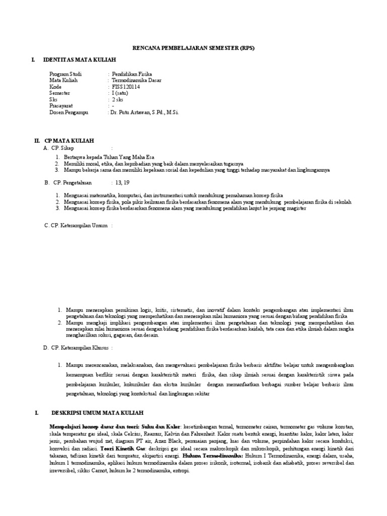 Rencana Pembelajaran Termodinamika Dasar | PDF