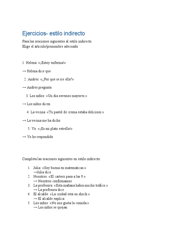 Ejercicios de estilo indirecto en español | PDF
