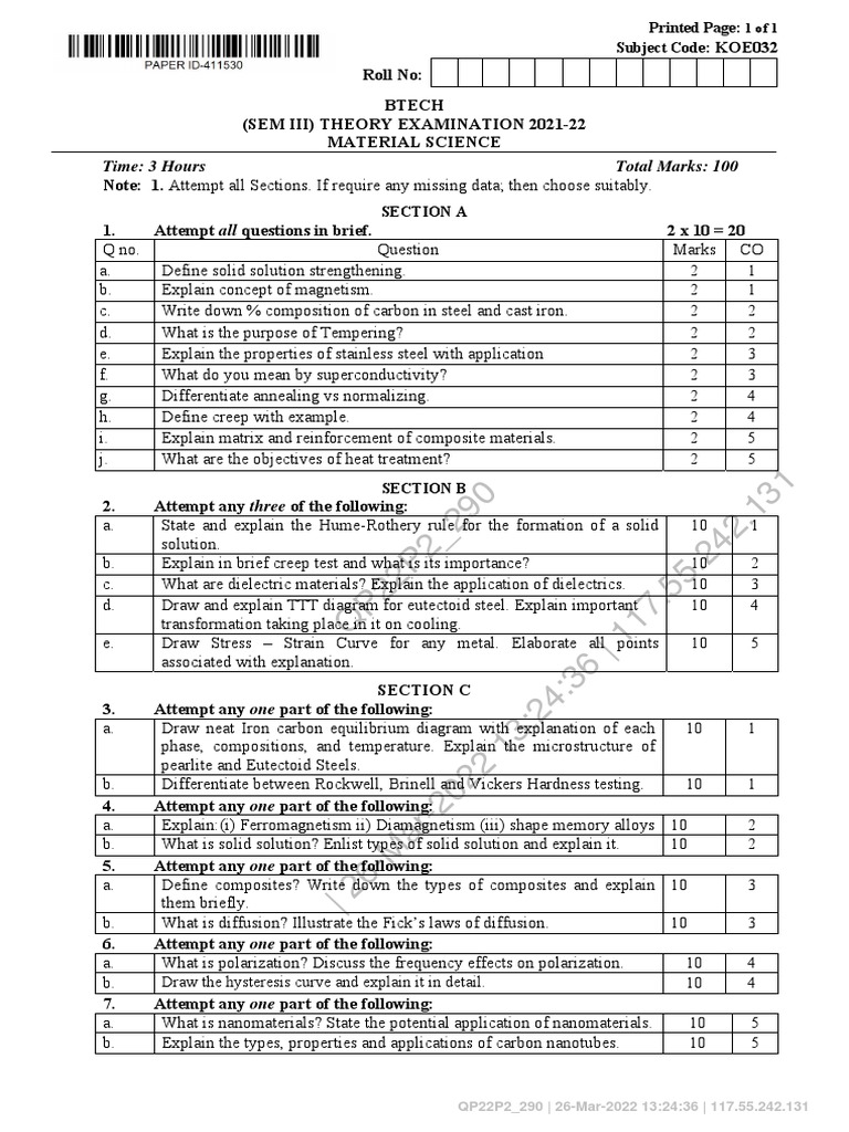BTech Material Science Exam 2021-22 | PDF | Steel | Metals