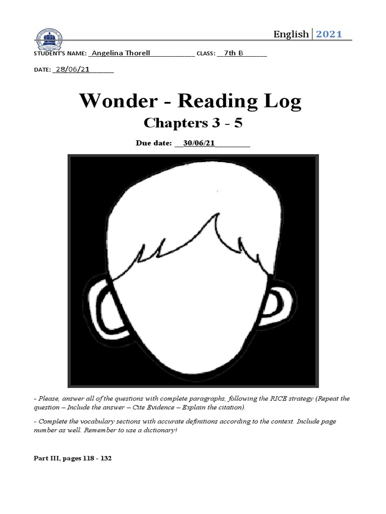 Angelina Thorell - WONDER Reading Log 3 - 5 | PDF
