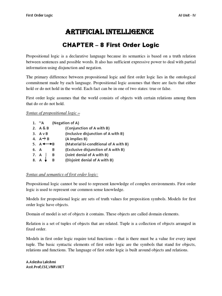 Artificial Intelligence Unit-4 First Order Logic | PDF | First Order ...
