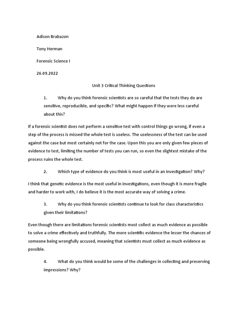 Unit 3 Critical Thinking Questions | PDF | Forensic Science | Evidence
