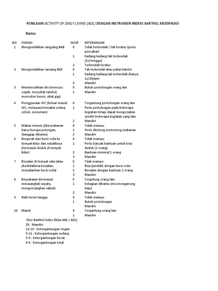 Penilaian ADL dengan Indeks Barthel | PDF