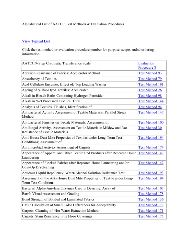 Alphabetical List of AATCC Test Methods & Evaluation Procedures | PDF ...