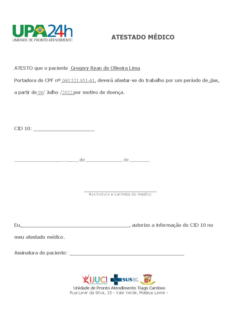 Atestado Médico de Gregory Ryan | PDF